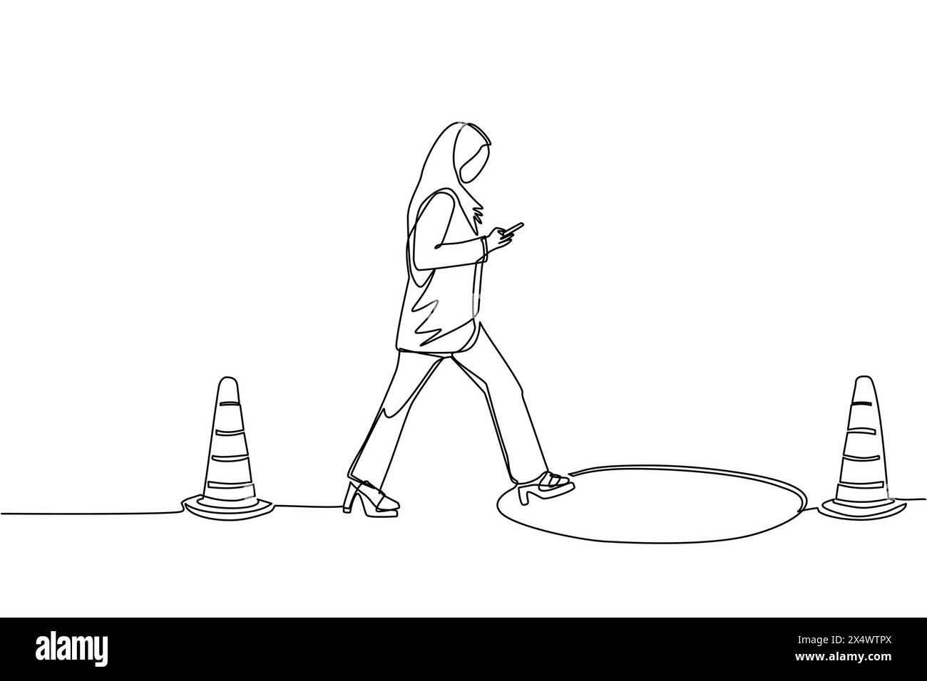 Single one line drawing Arabic businesswoman character going on street ...