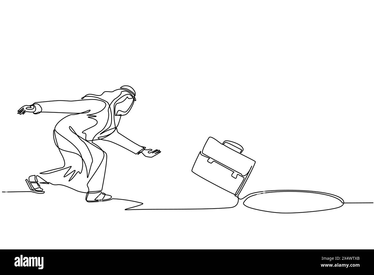 Single continuous line drawing Arabian businessman throws briefcase ...