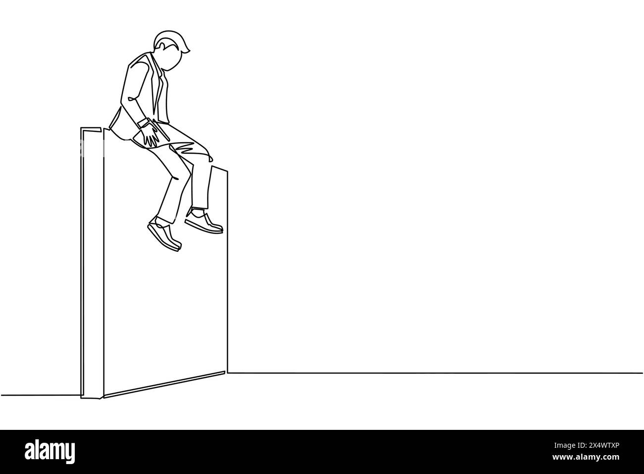 Continuous one line drawing businessman sad sitting on wall thinking of ...
