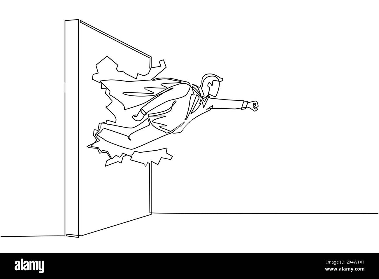 Continuous one line drawing super businessman punches and breaks the ...