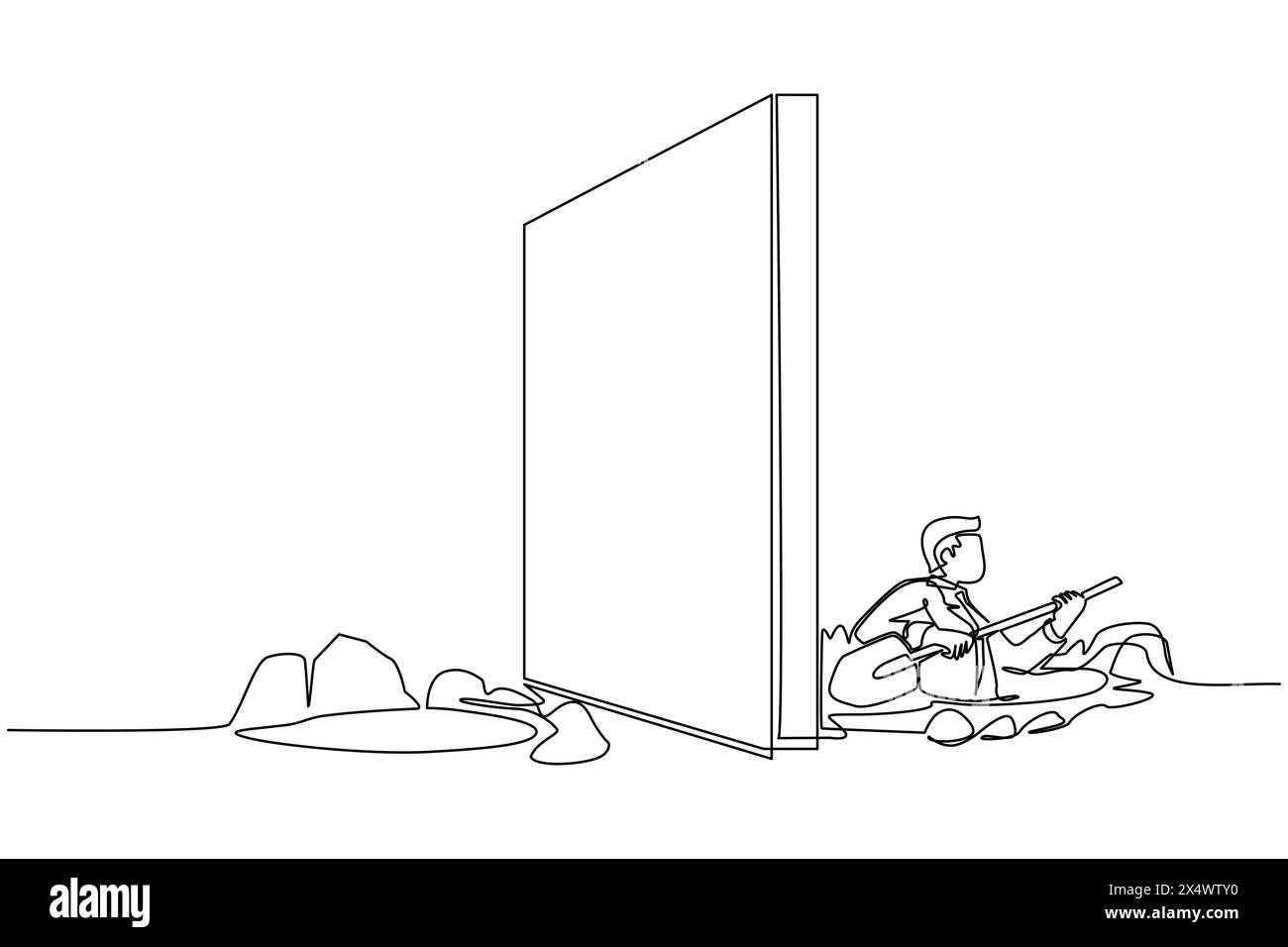 Single one line drawing businessman digging tunnel under wall or ...