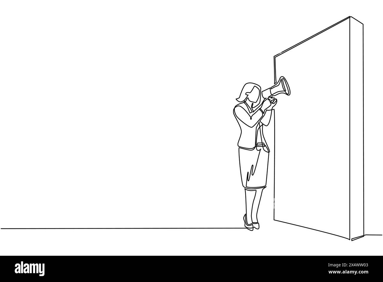 Continuous one line drawing businesswoman holding megaphone standing in ...