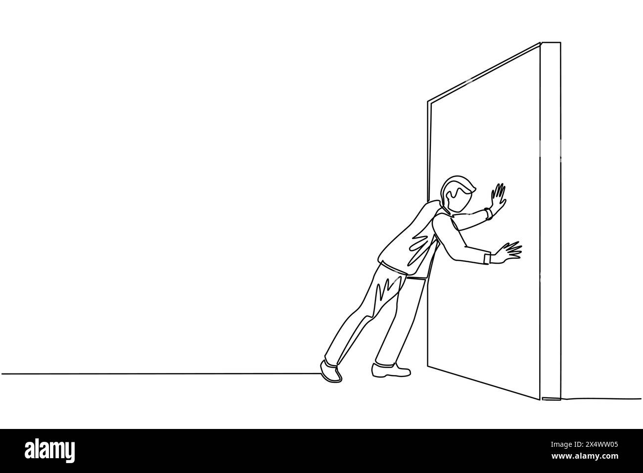 Single continuous line drawing businessman pushing wall. Successful ...