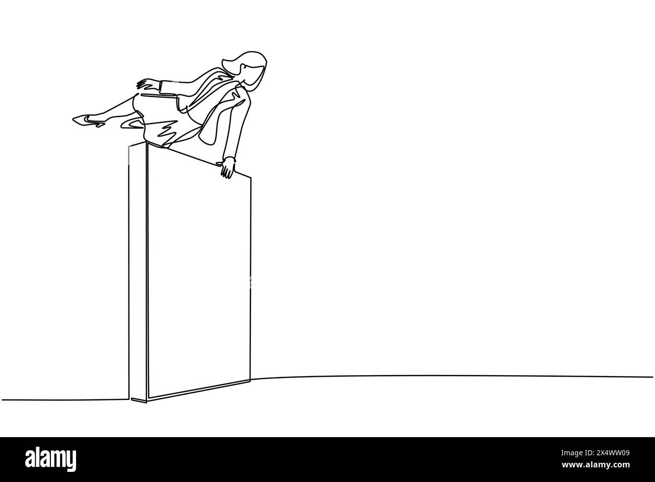 Single one line drawing businesswoman jumps over wall, outside comfort ...