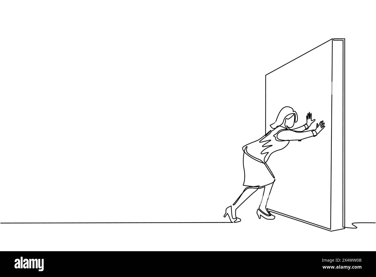 Single continuous line drawing businesswoman pushing wall. Successful ...