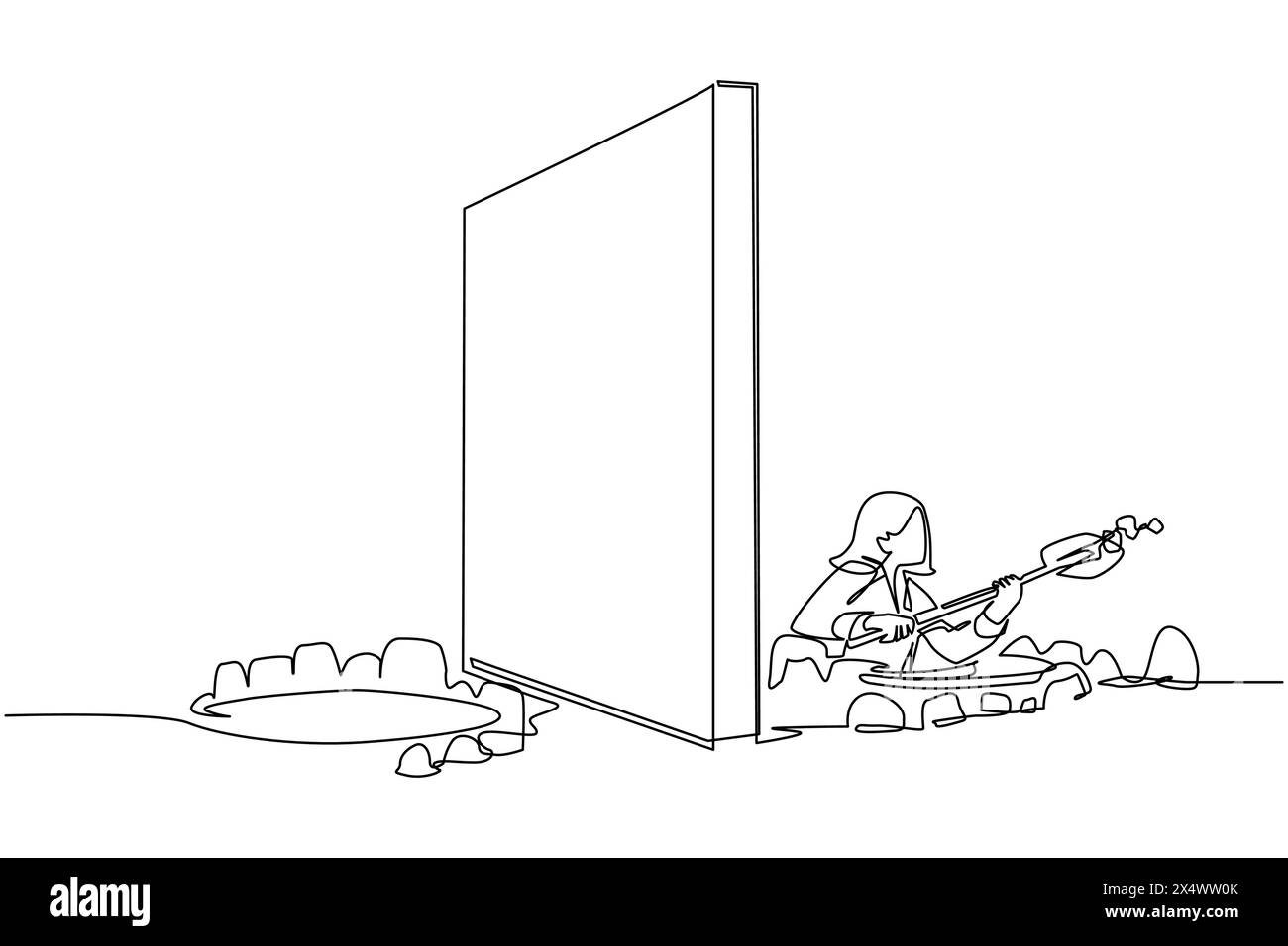 Single one line drawing businesswoman digging tunnel under wall or ...
