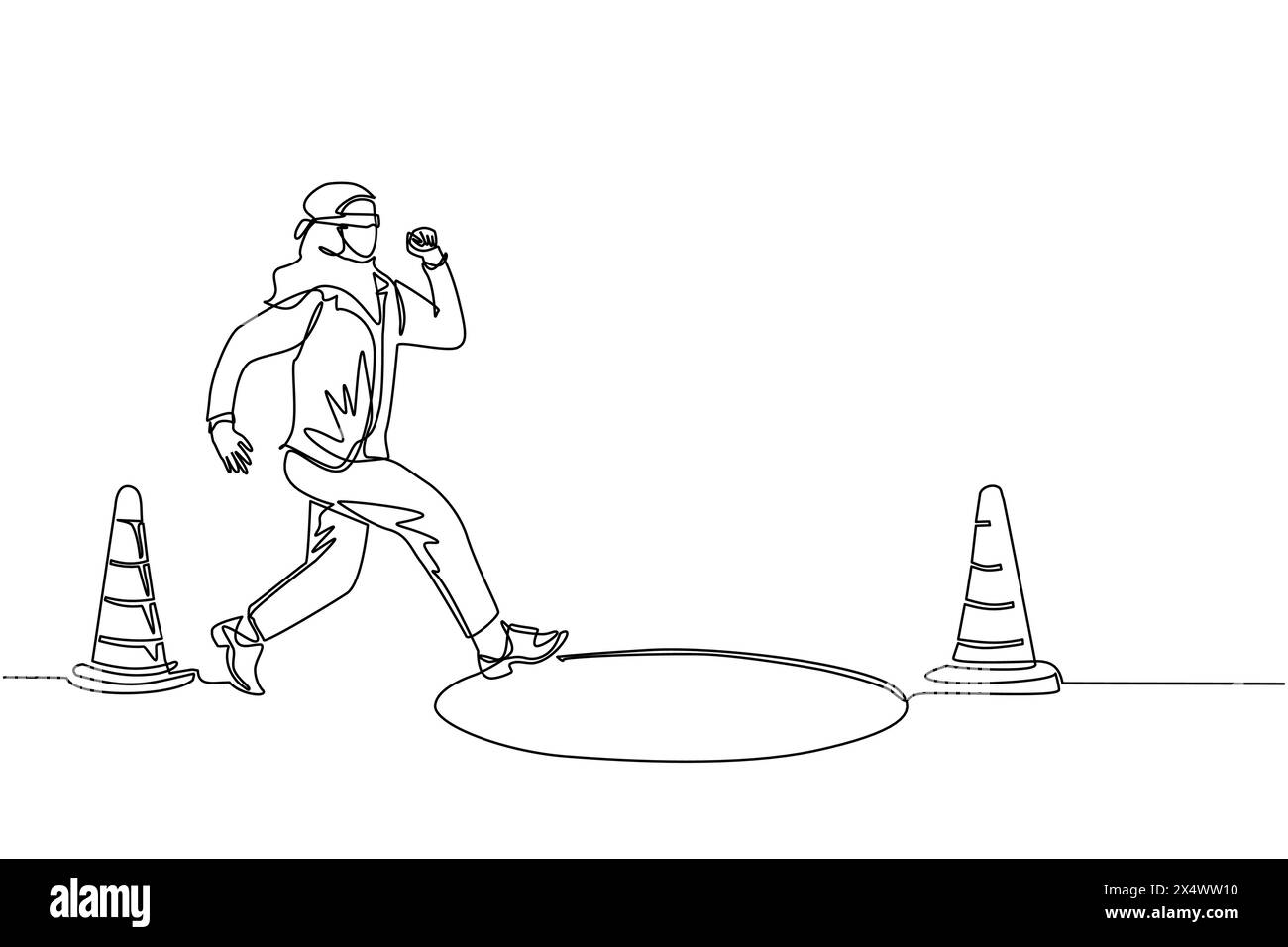 Single one line drawing blindfolded Arab businesswoman running to find ...