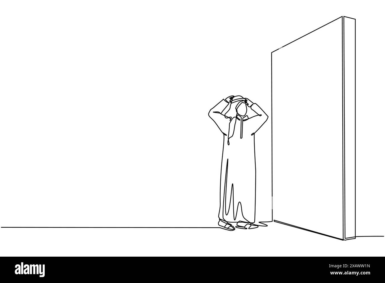 Single one line drawing Arabian businessman standing and confused in ...