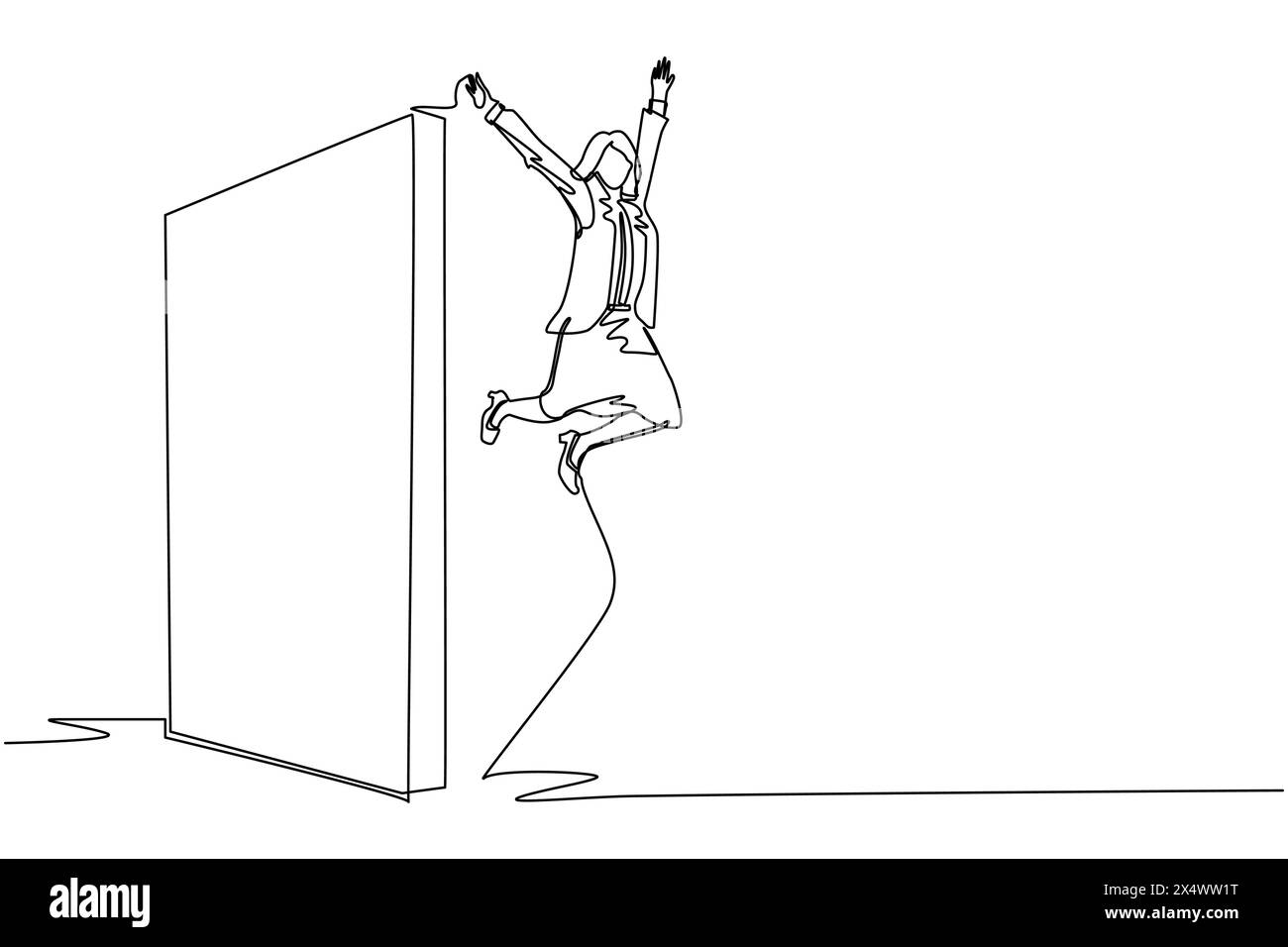 Continuous one line drawing businesswoman managed to jump over the wall ...