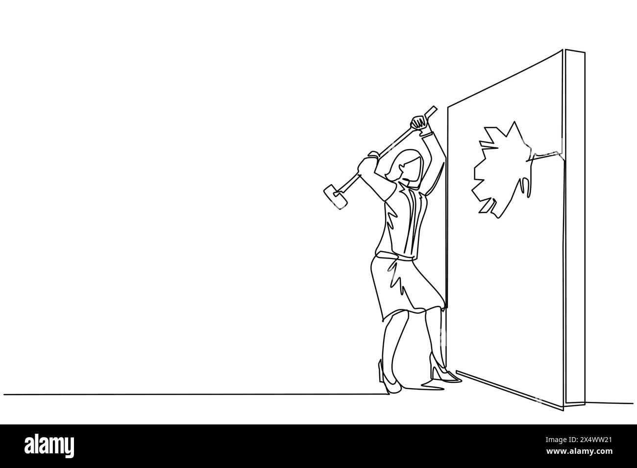 Single continuous line drawing businesswoman breaks and hitting wall ...