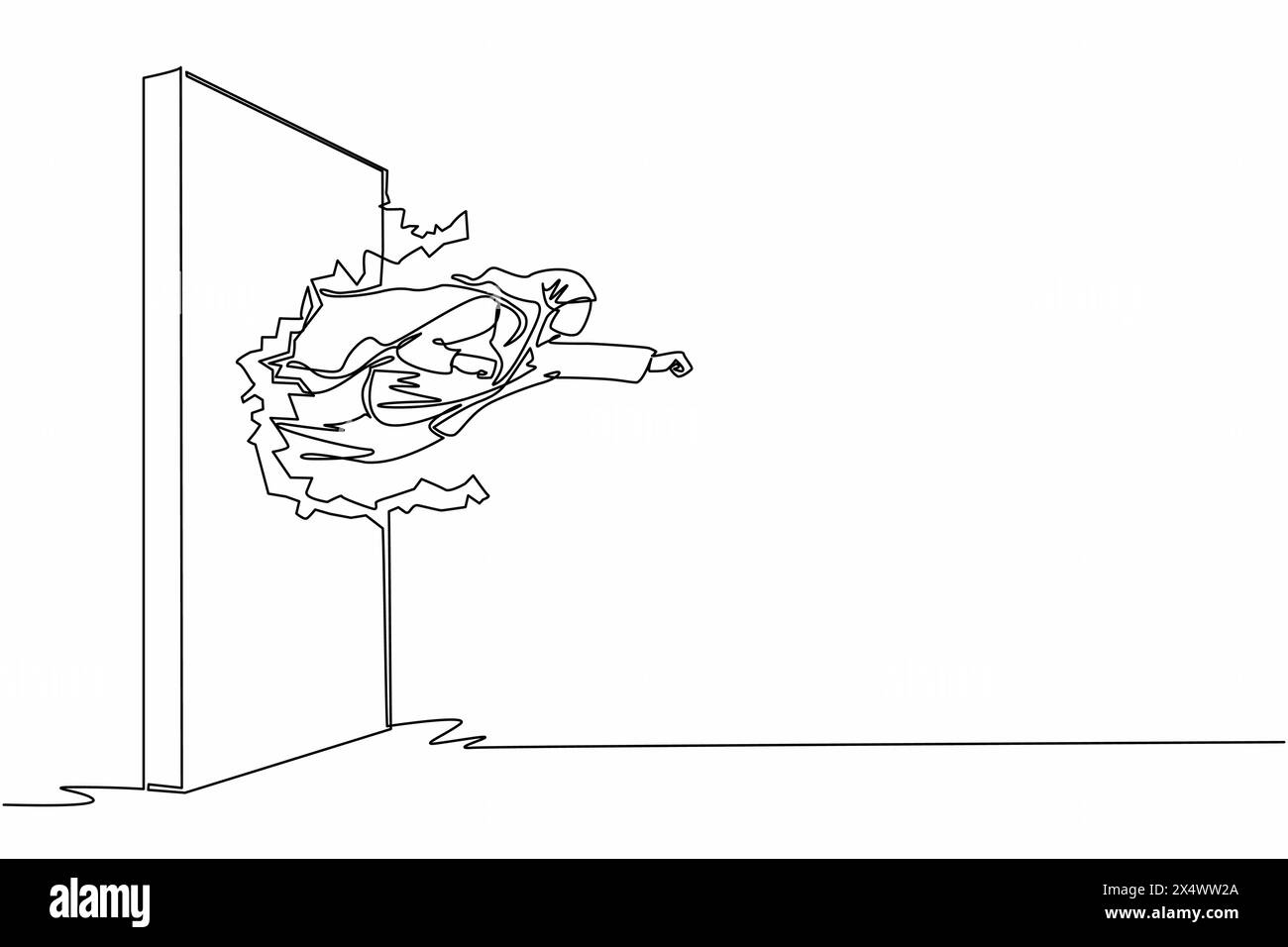 Single continuous line drawing super Arab businesswoman punches and ...