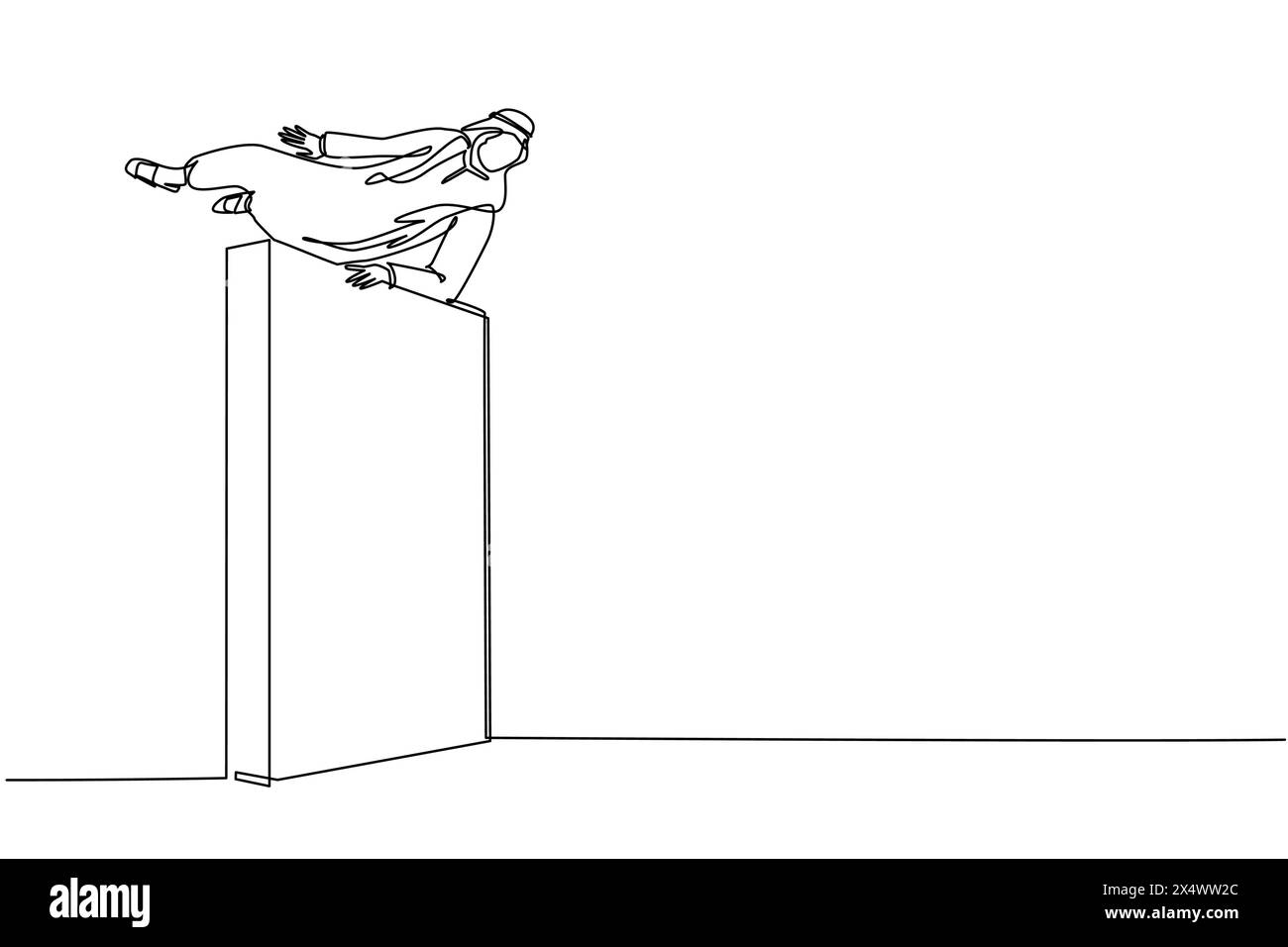 Single continuous line drawing Arabic businessman jumps over wall ...