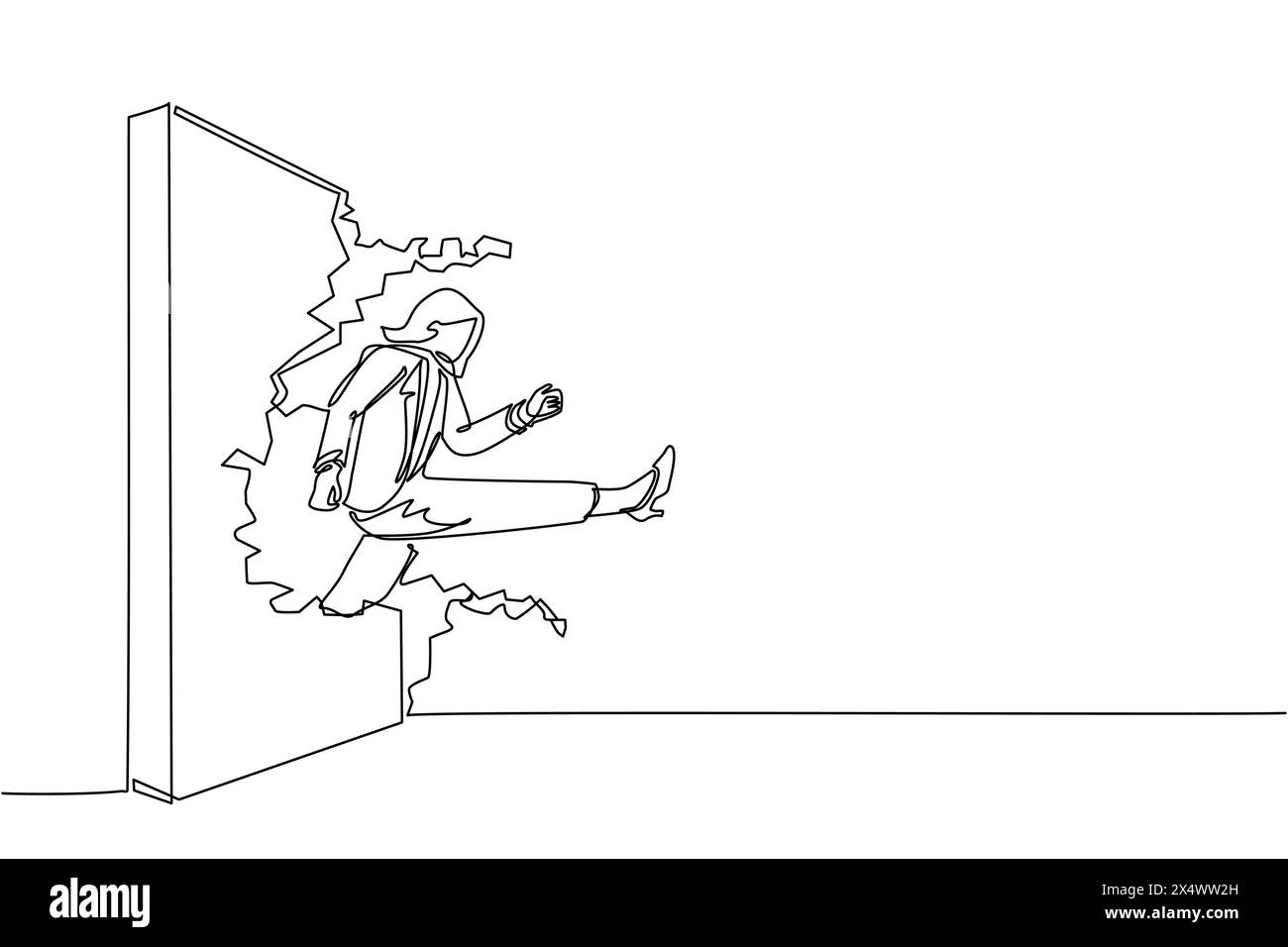 Single one line drawing businesswoman run and breaking through brick ...