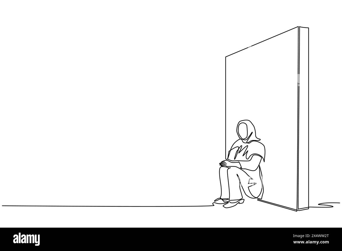 Continuous one line drawing upset Arab businesswoman sitting on floor ...