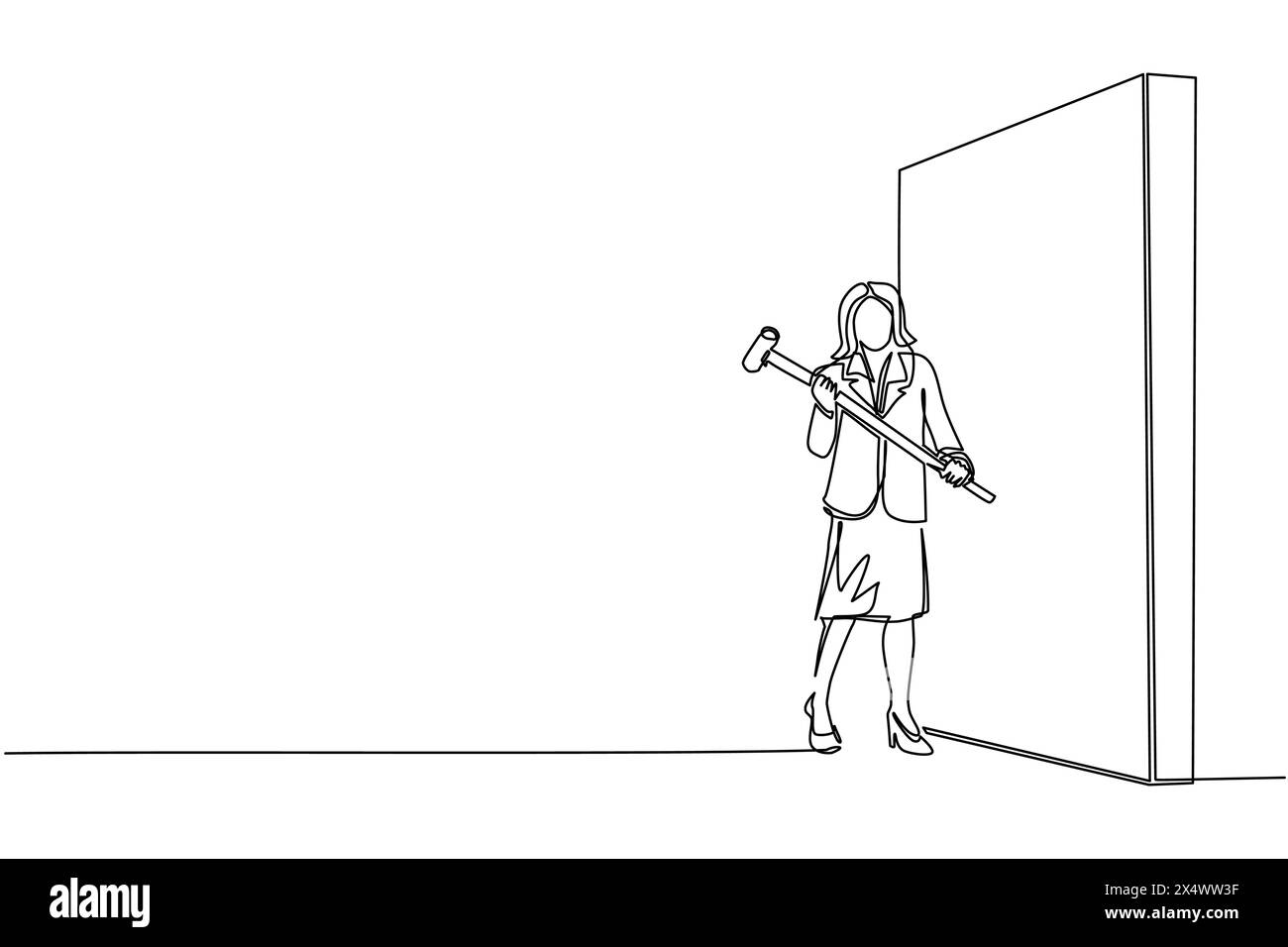 Single continuous line drawing businesswoman standing and holding big ...