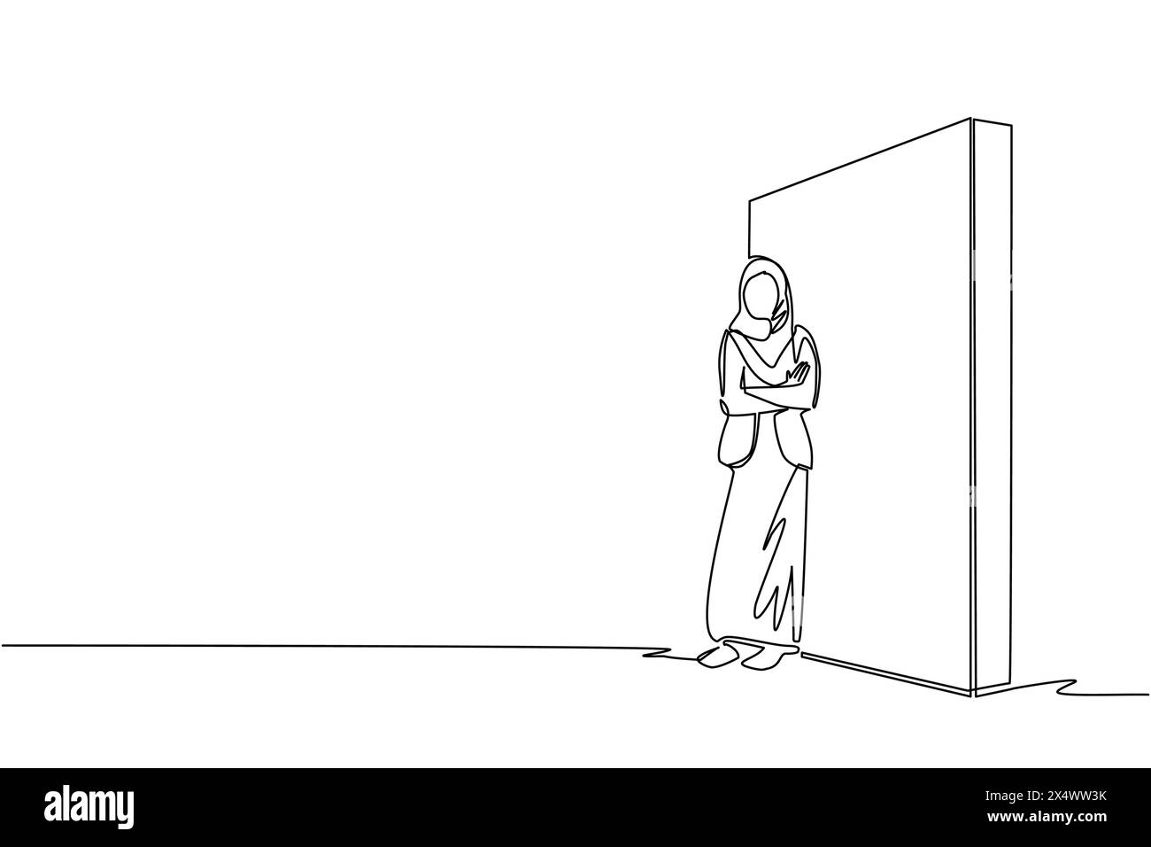 Single one line drawing Arabic businesswoman standing and lean against ...