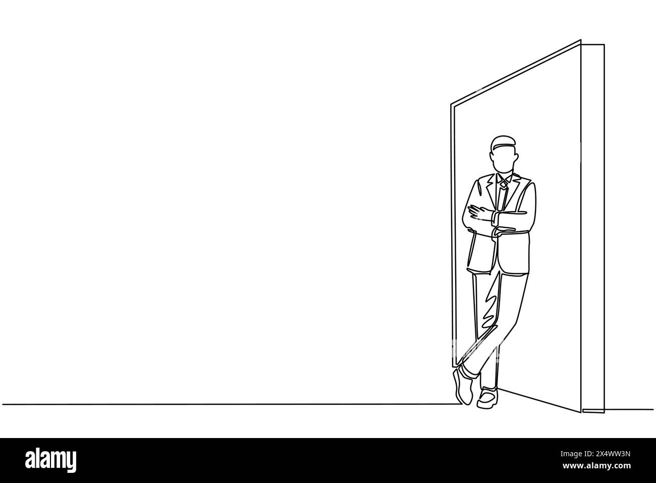 Single continuous line drawing young businessman standing and lean ...