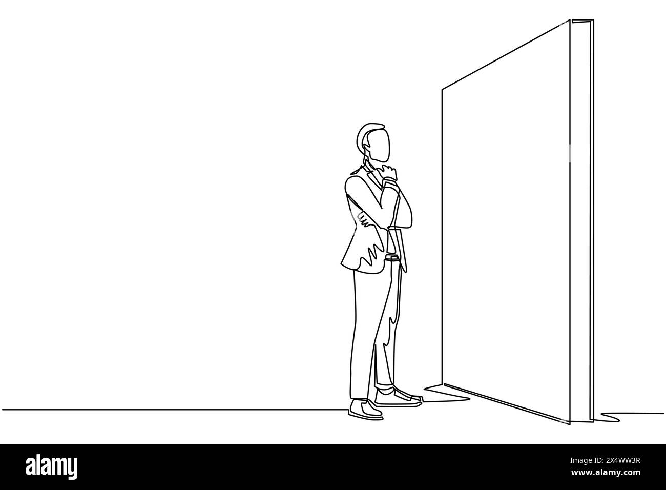 Single one line drawing businessman thinking in front of big obstacle ...