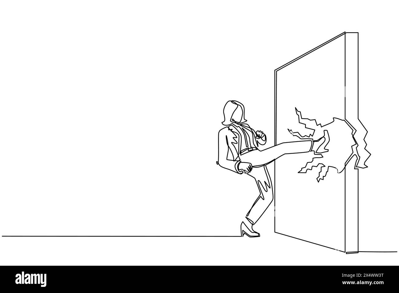 Single continuous line drawing businesswoman doing kung fu or karate ...