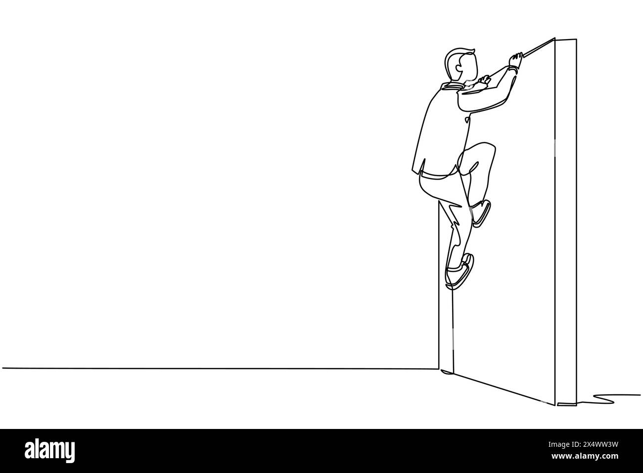 Continuous one line drawing businessman climb the obstacle wall, solve ...