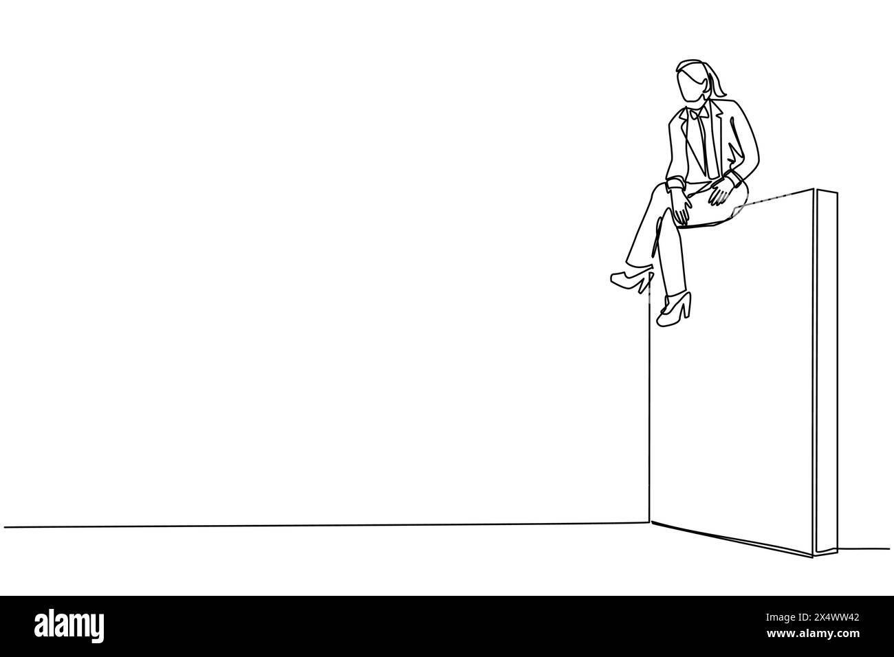 Single one line drawing businesswoman sad sitting on wall thinking of ...