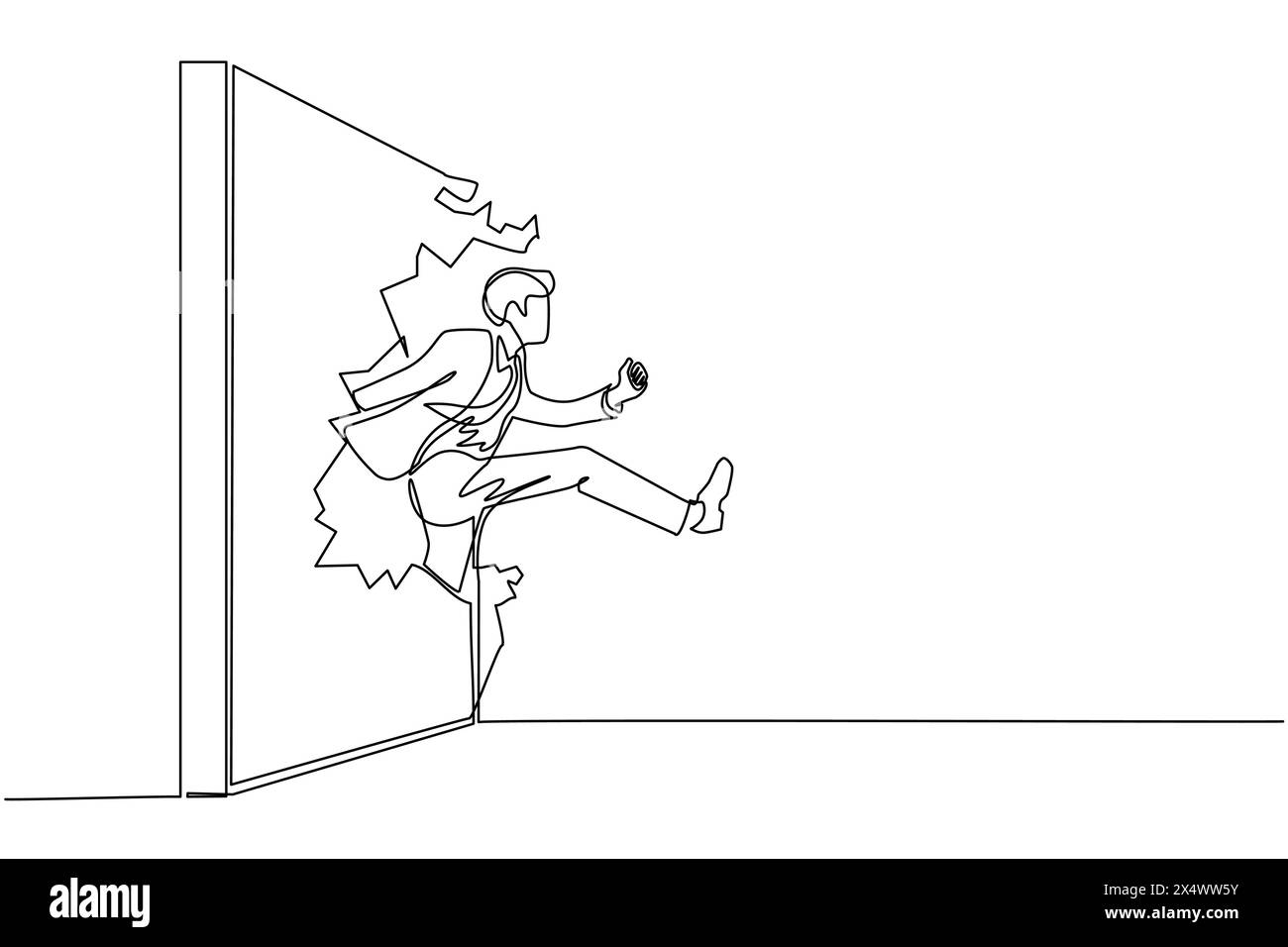 Single continuous line drawing businessman run and breaking through ...
