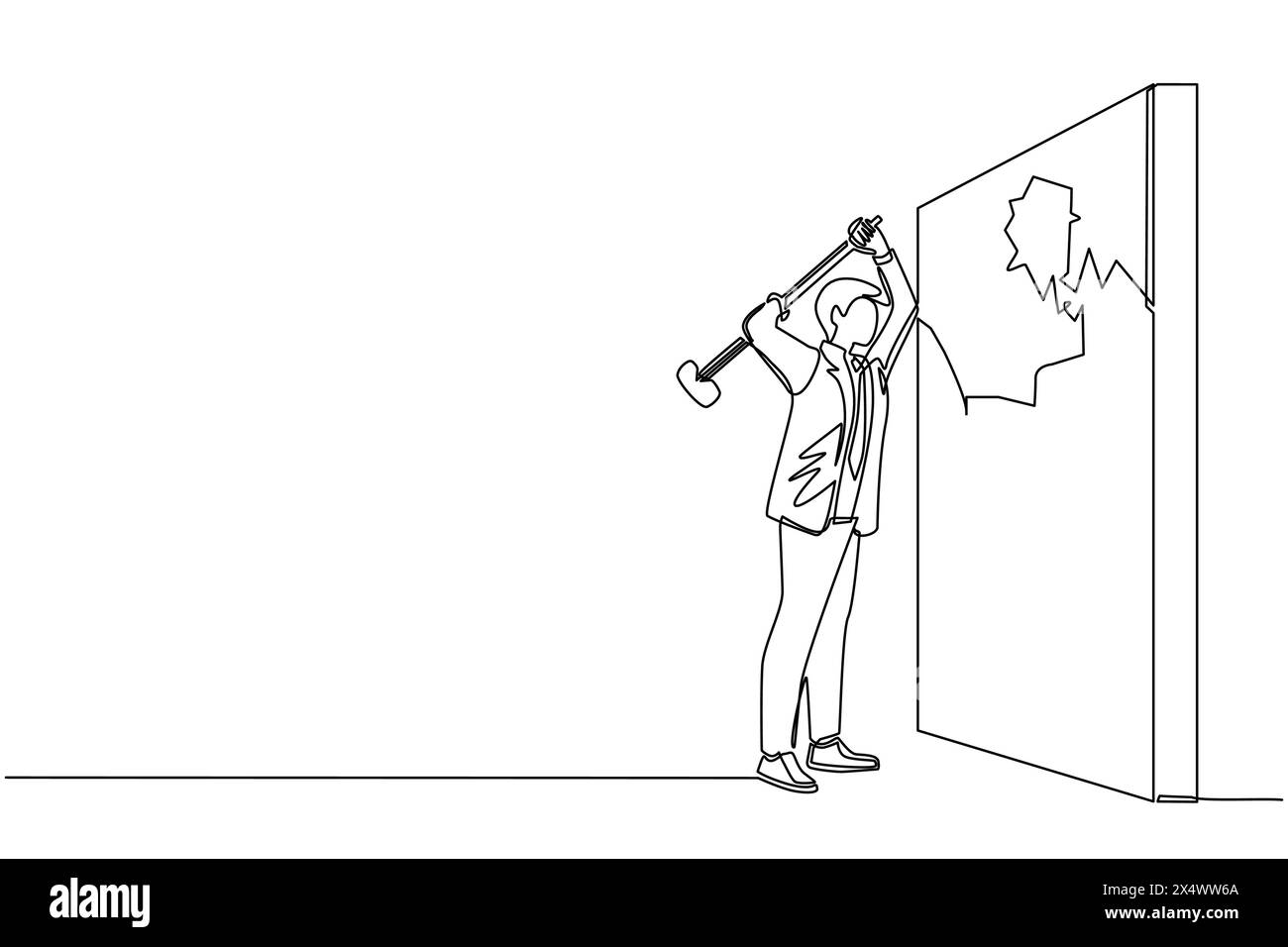 Single continuous line drawing businessman breaks and hitting wall with ...