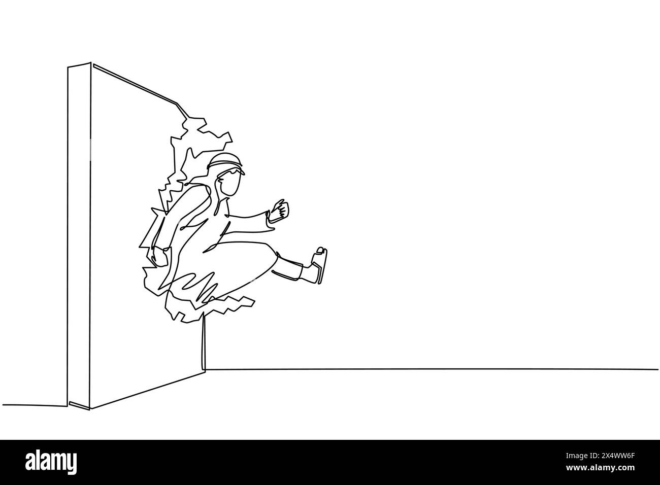 Continuous one line drawing Arabian businessman run and breaking ...