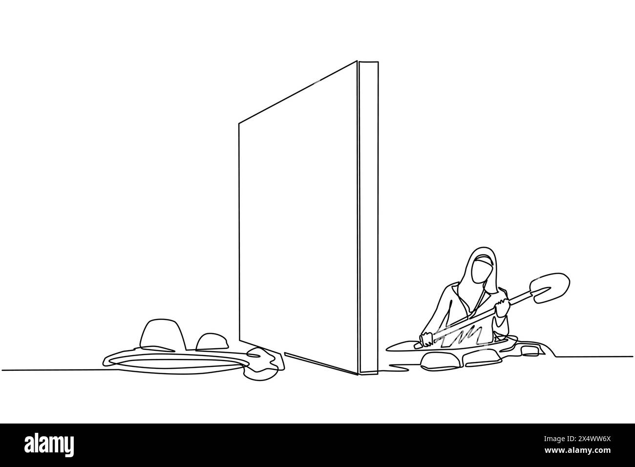 Single one line drawing Arabian businesswoman digging tunnel under wall ...