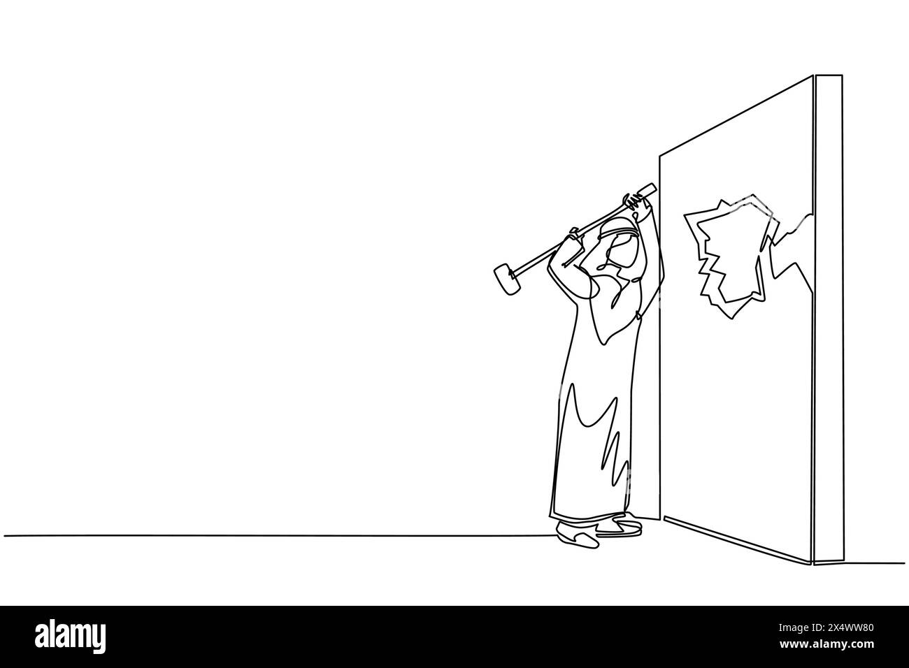 Single one line drawing Arabian businessman breaks and hitting wall ...