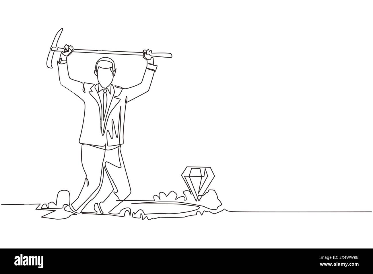 Continuous one line drawing young businessman in hole prancing happily ...
