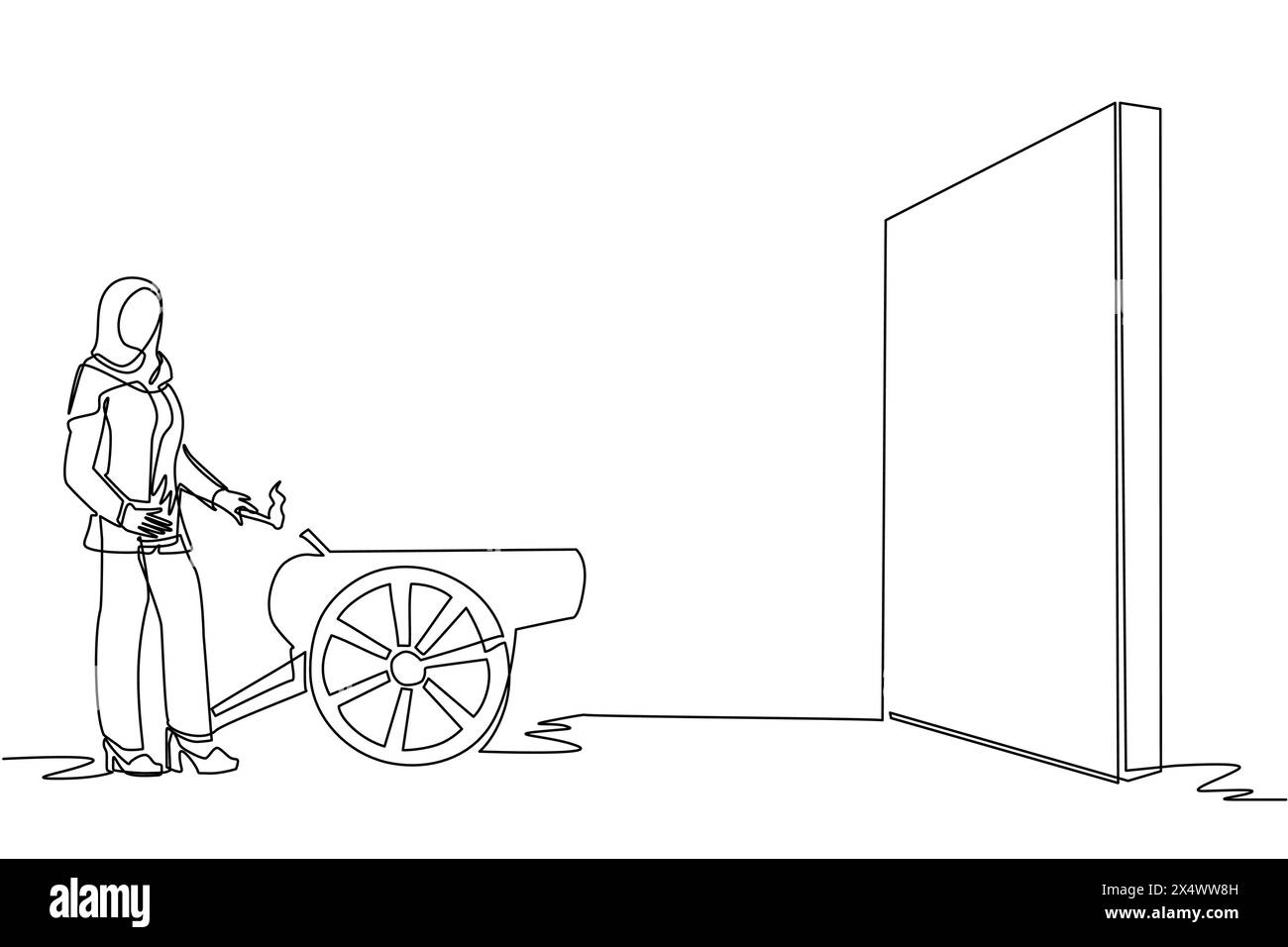 Continuous one line drawing Arab businesswoman ignites cannon in front ...