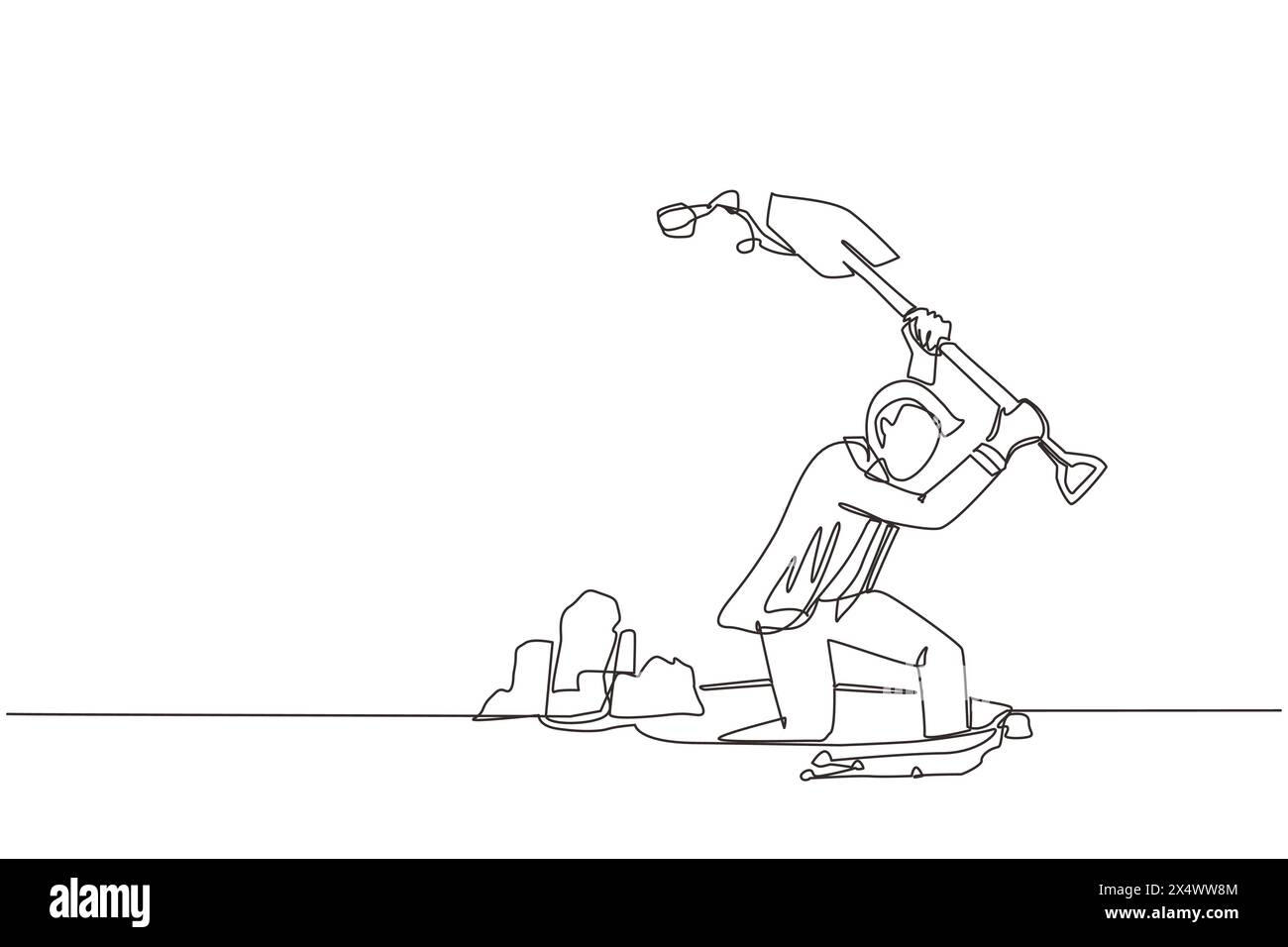 Single continuous line drawing businessman digging in dirt using shovel ...