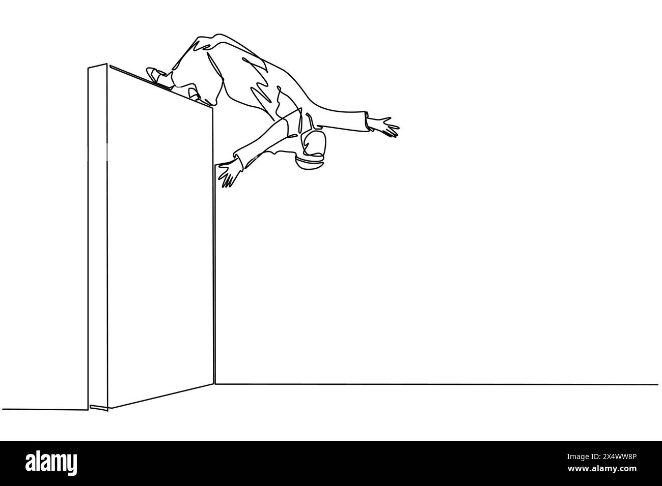 Continuous one line drawing Arabic businessman jumping over brick wall ...