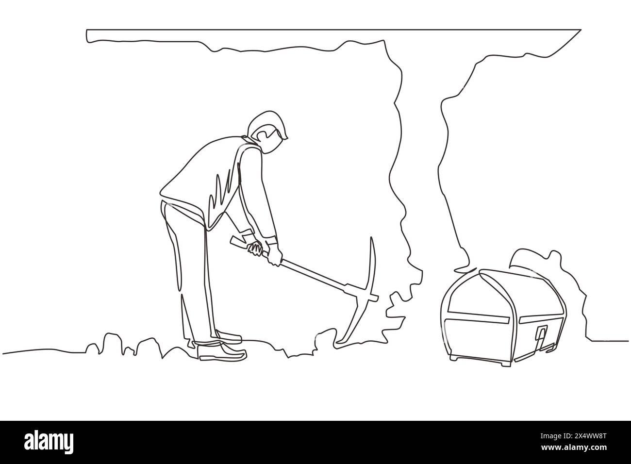 Single one line drawing businessman digging with pickaxe looking for ...