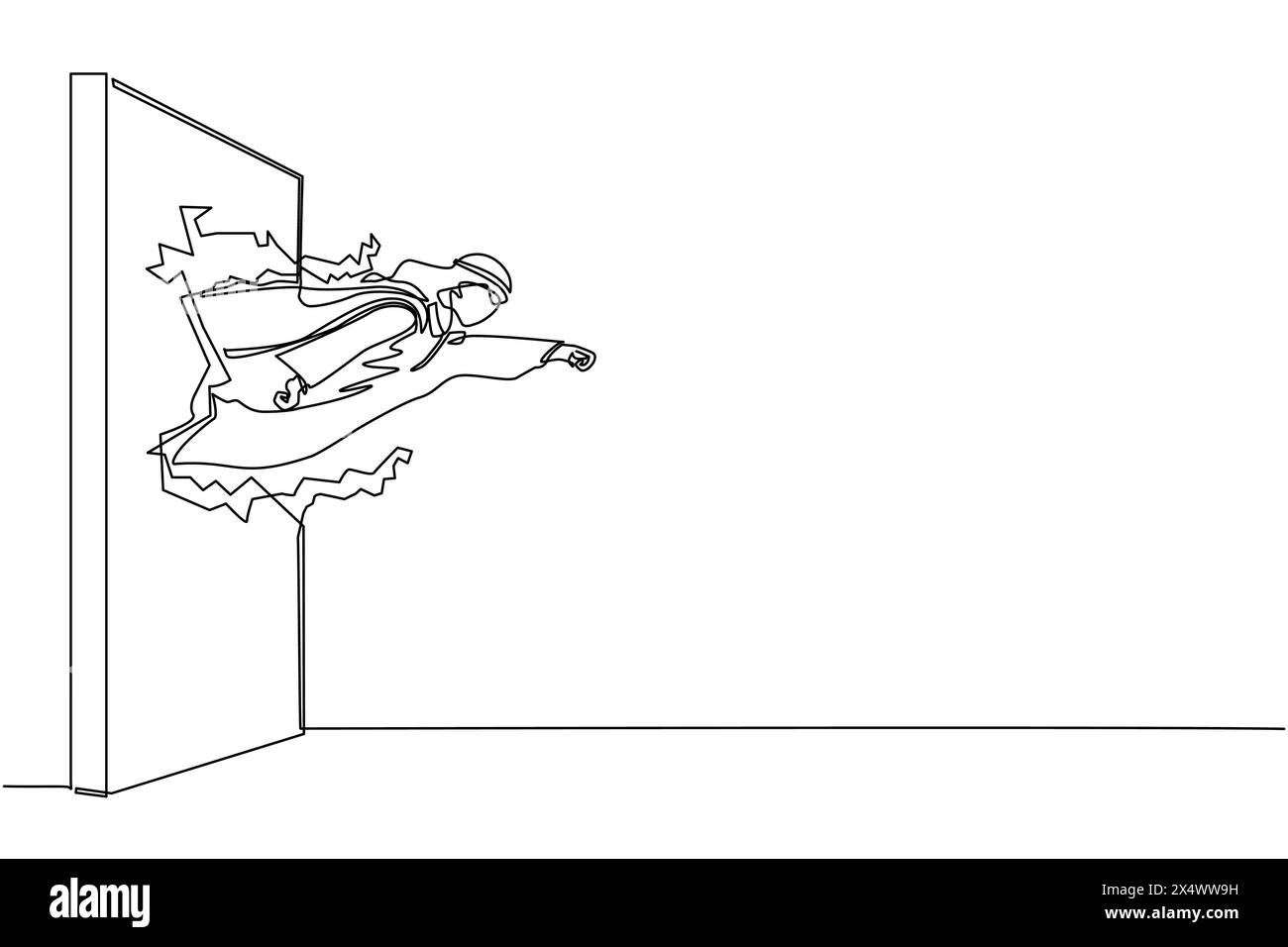 Single one line drawing super Arab businessman punches and breaks wall ...