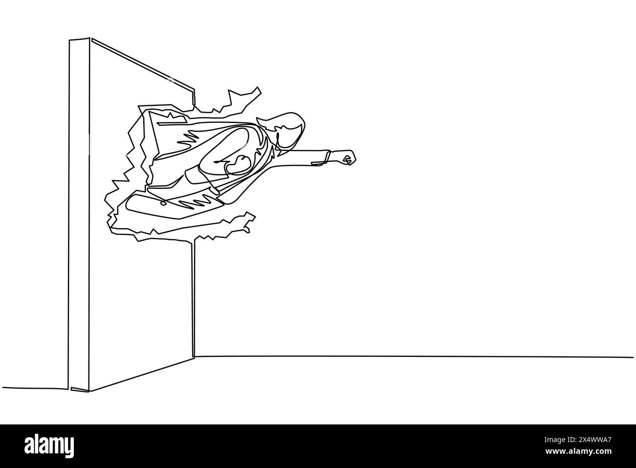 Single one line drawing super businesswoman punches and breaks wall ...