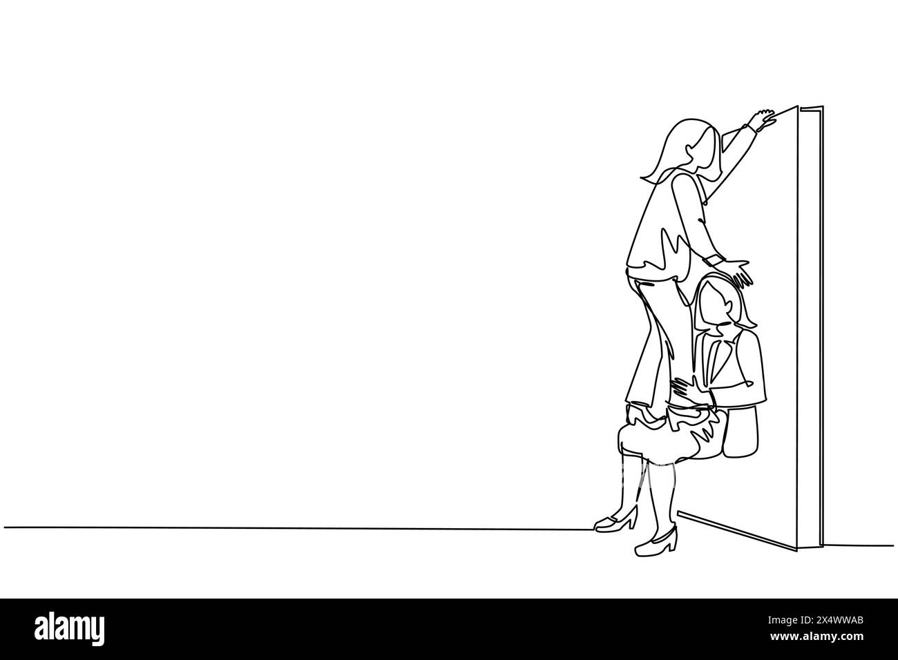 Single continuous line drawing businesswoman helping to lift another ...