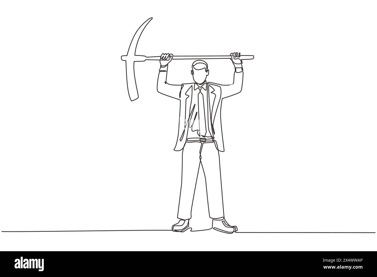 Single continuous line drawing businessman standing and lifting big ...