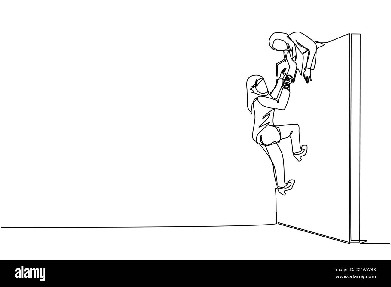 Single one line drawing Arabic businesswoman helping another woman ...