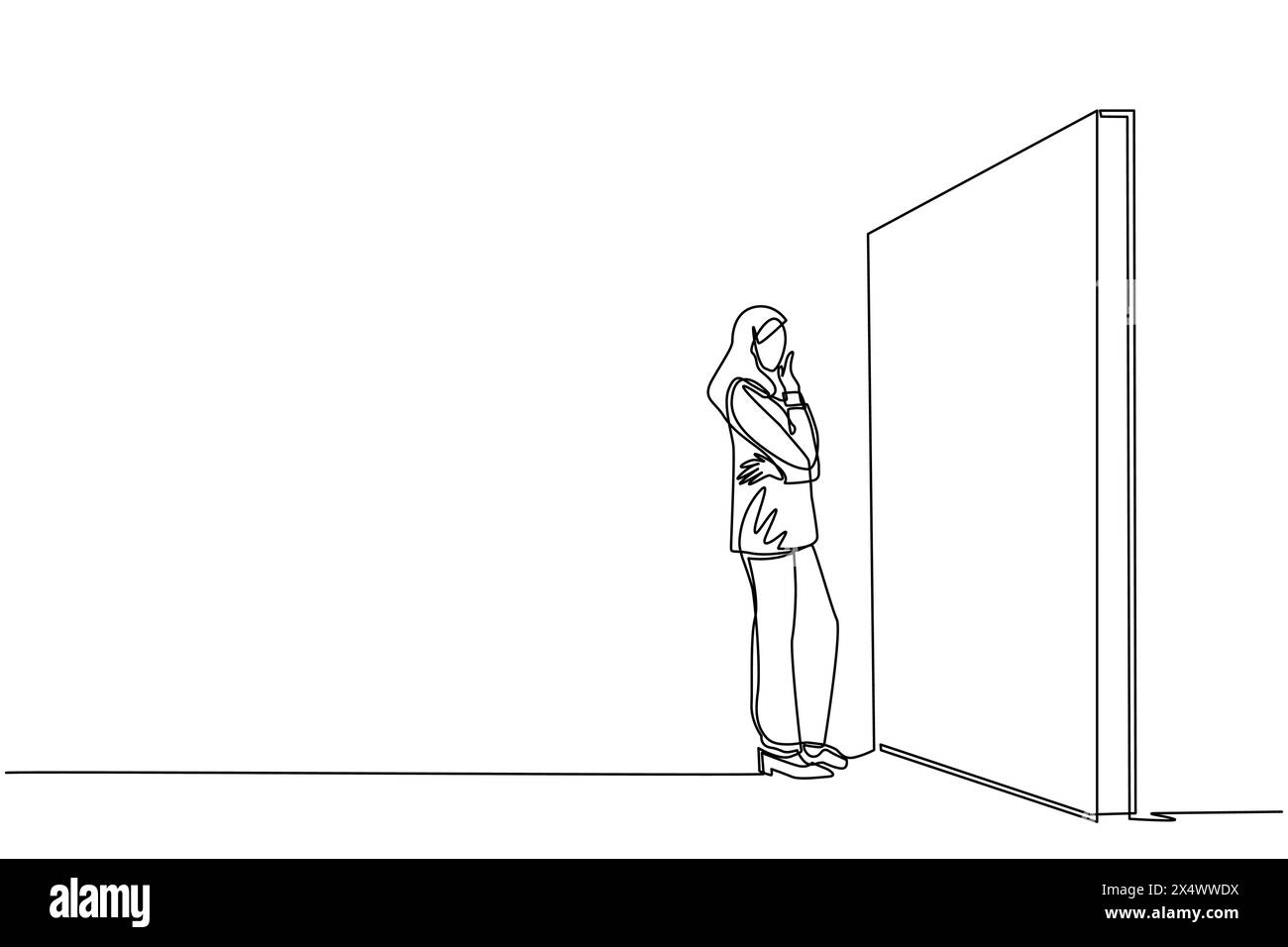 Single one line drawing Arabian businesswoman thinking in front of big ...