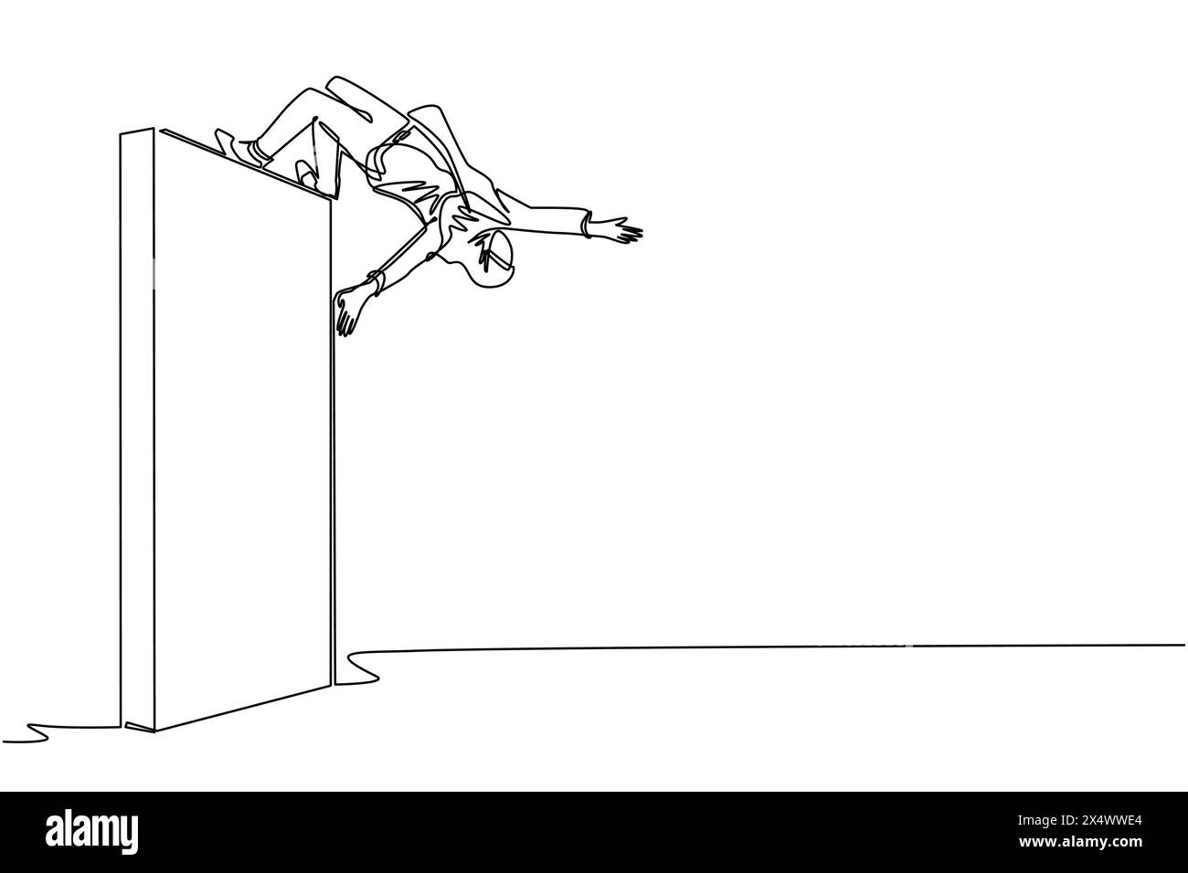 Single one line drawing Arabic businesswoman jumping over brick wall ...