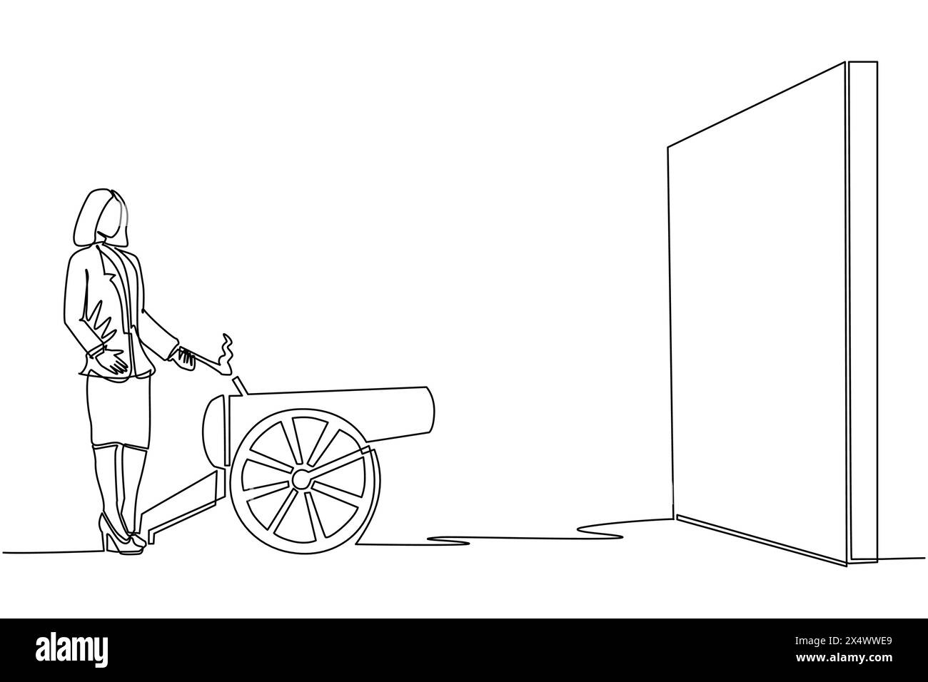Single continuous line drawing businesswoman ignites cannon in front of ...