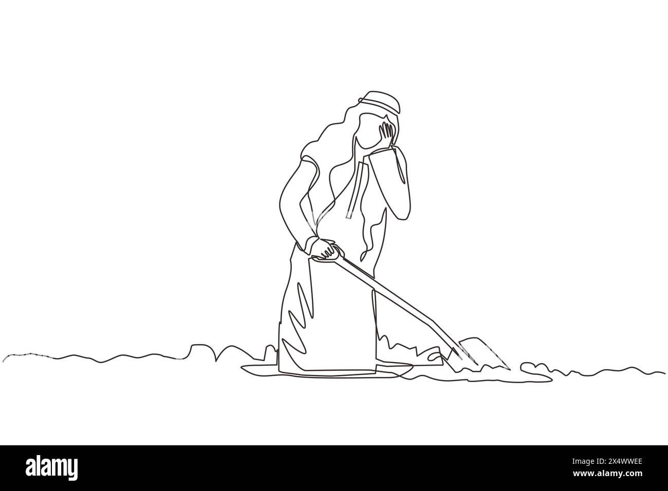 Continuous one line drawing Arabic businessman wipes sweat on his ...