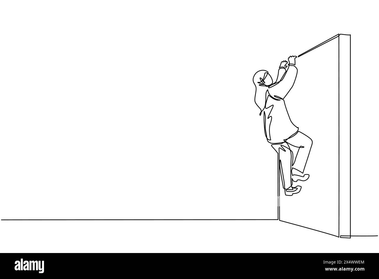 Single continuous line drawing Arab businesswoman climb obstacle wall ...