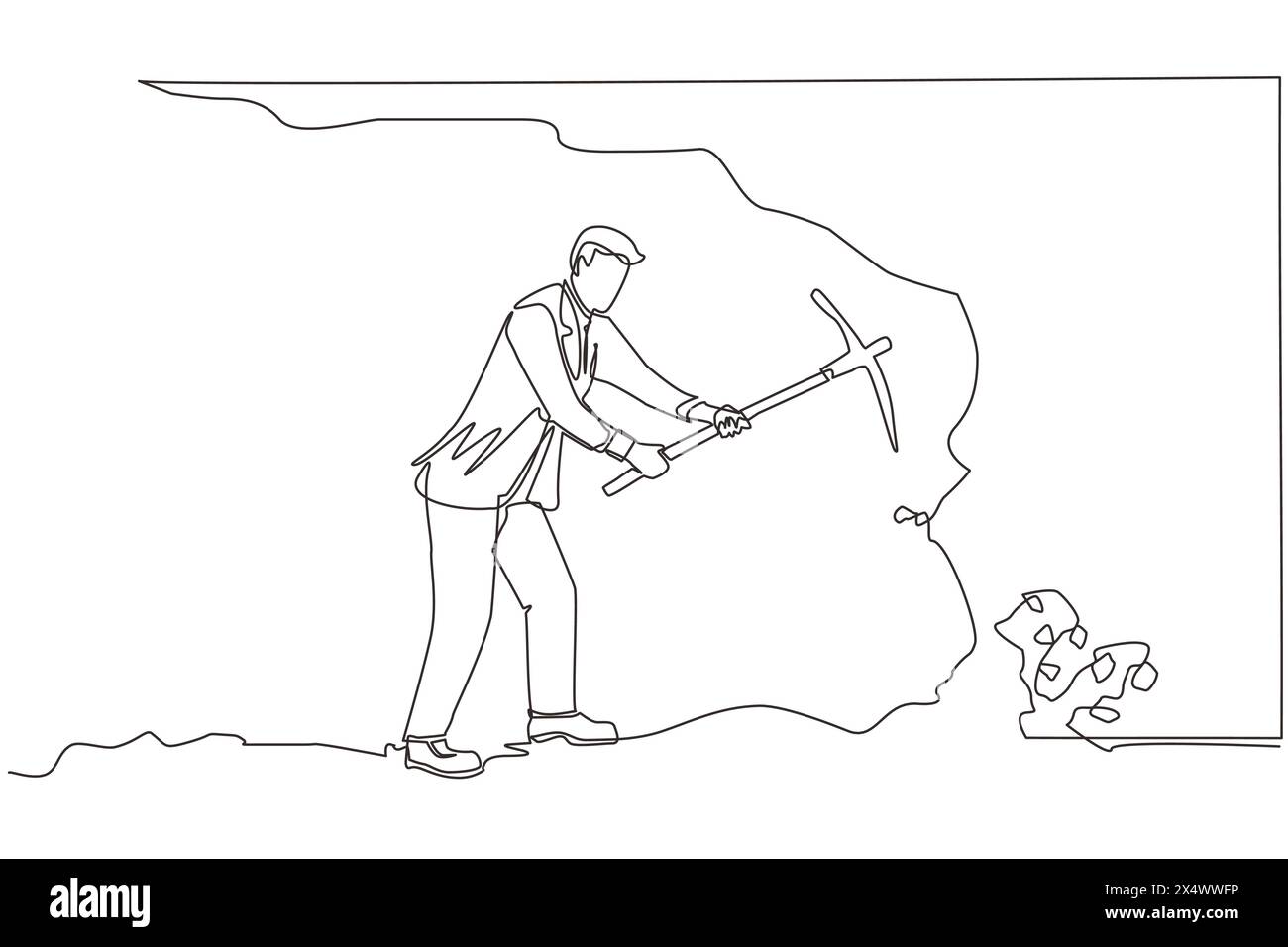 Single continuous line drawing businessman digging with pickaxe to get ...