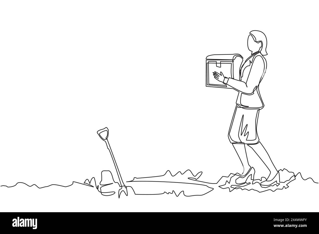 Continuous one line drawing businesswoman walking and holding treasure ...