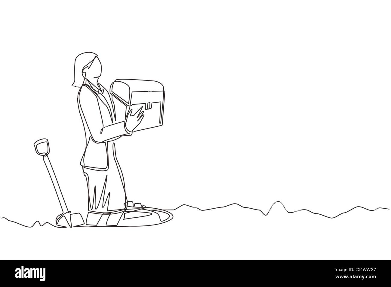 Continuous one line drawing happy woman hunter seeker hold chest find ...