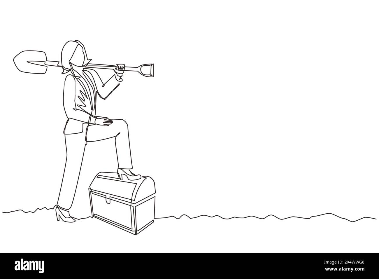 Single continuous line drawing businesswoman digging ground with shovel ...