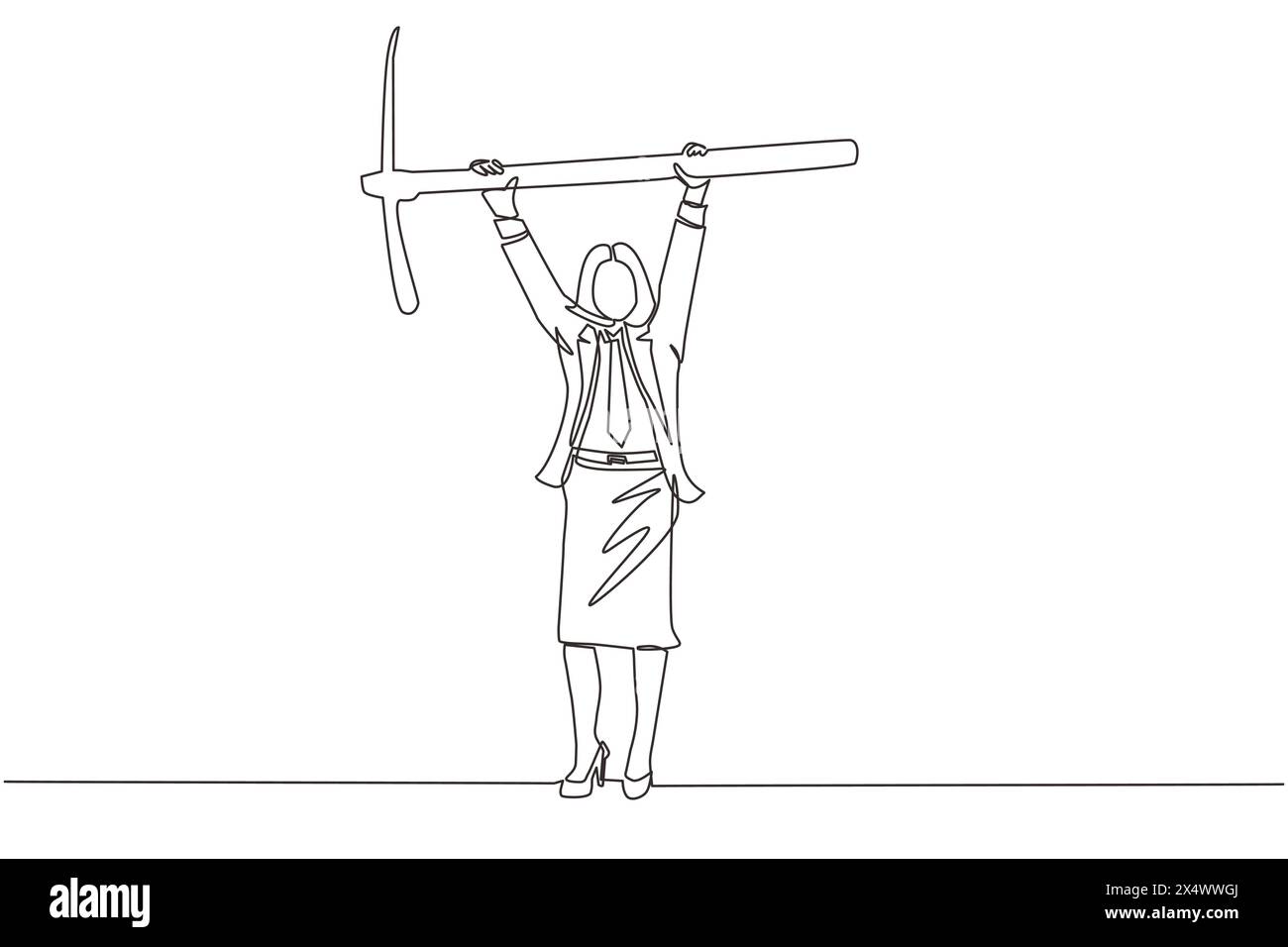 Continuous one line drawing businesswoman standing and lifting big ...